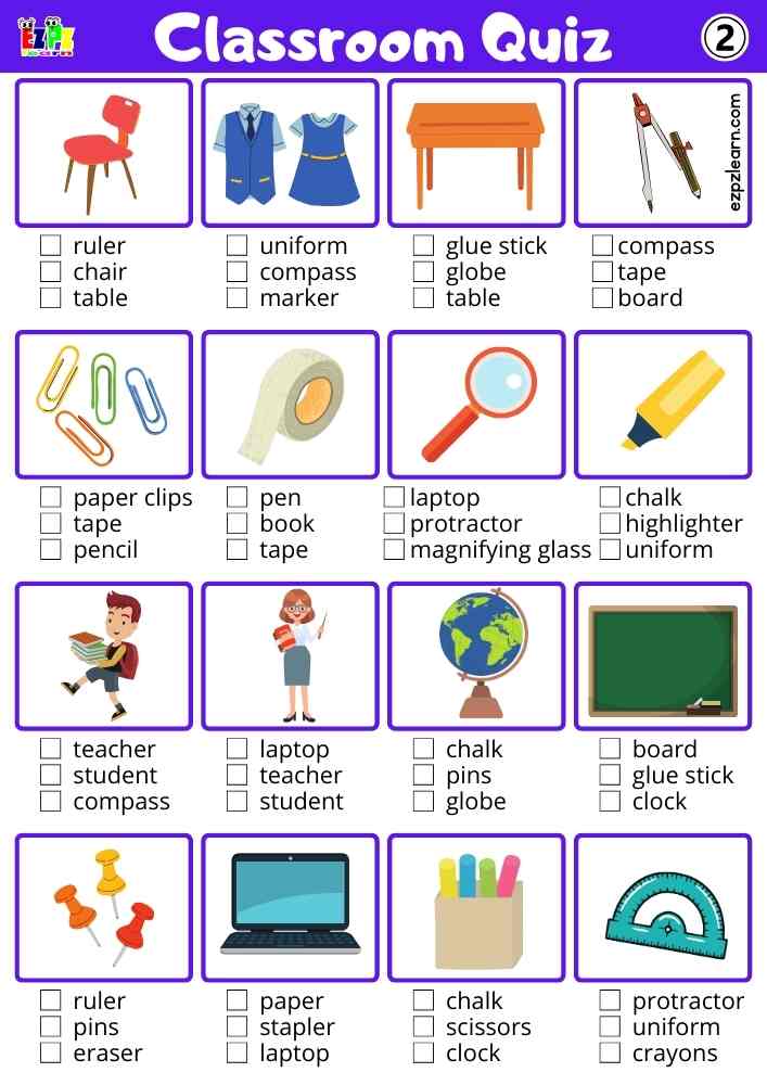 Classroom Objects Quiz Worksheet – Check the Correct Answer Download the Free PDF Set 2 ...